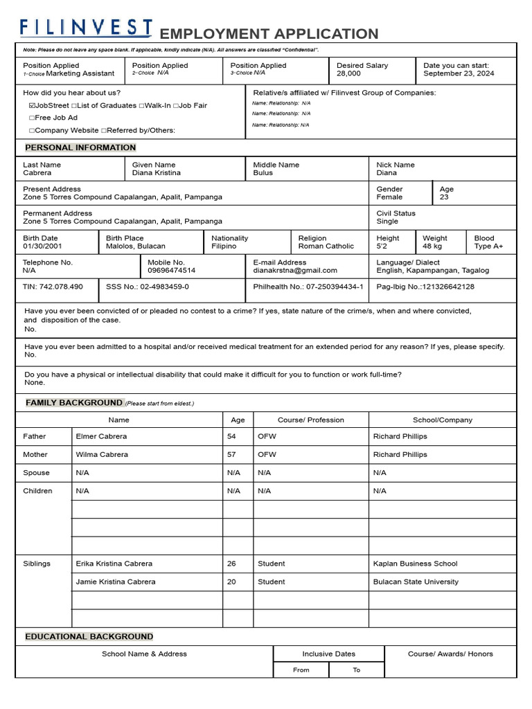 Employment Application Form | PDF