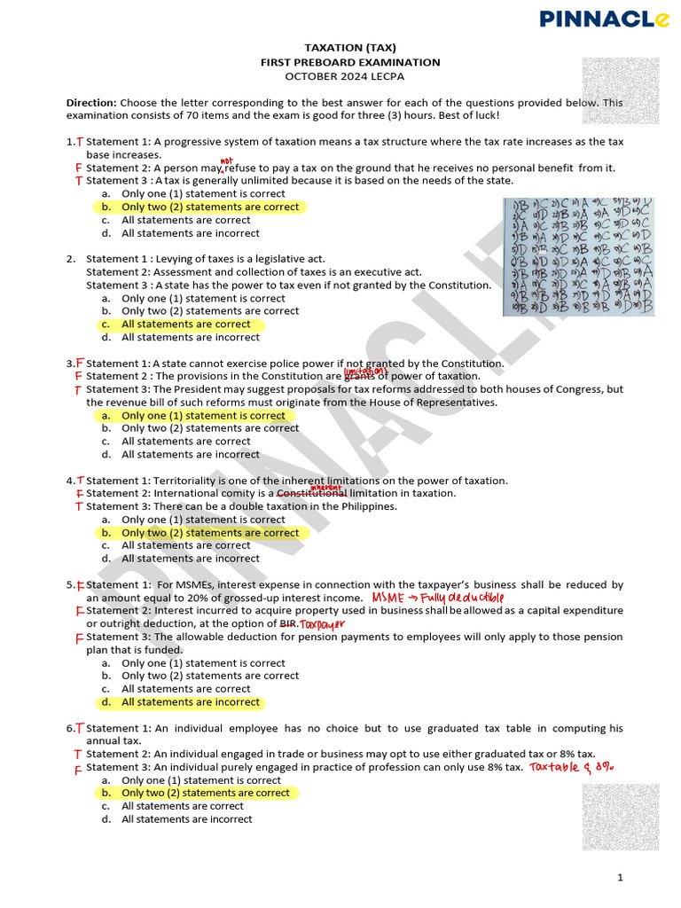 Pinnacle Taxation Preboard Exam 2024 | PDF | Taxes | Tax Deduction