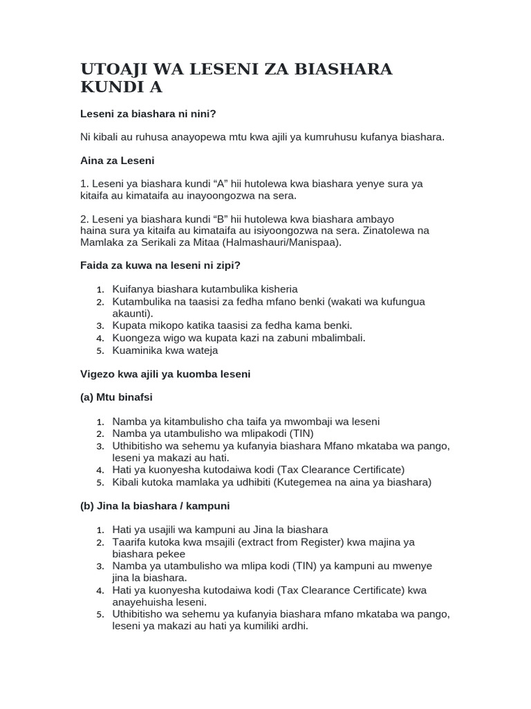 Utoaji Wa Leseni Za Biashara Kundi A | PDF