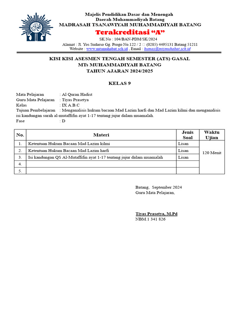 (KELAS 9) - KISI KISI ASESMEN TENGAH SEMESTER (ATS) GASAL MTs MUH BATANG TA. 2024-2025 | PDF