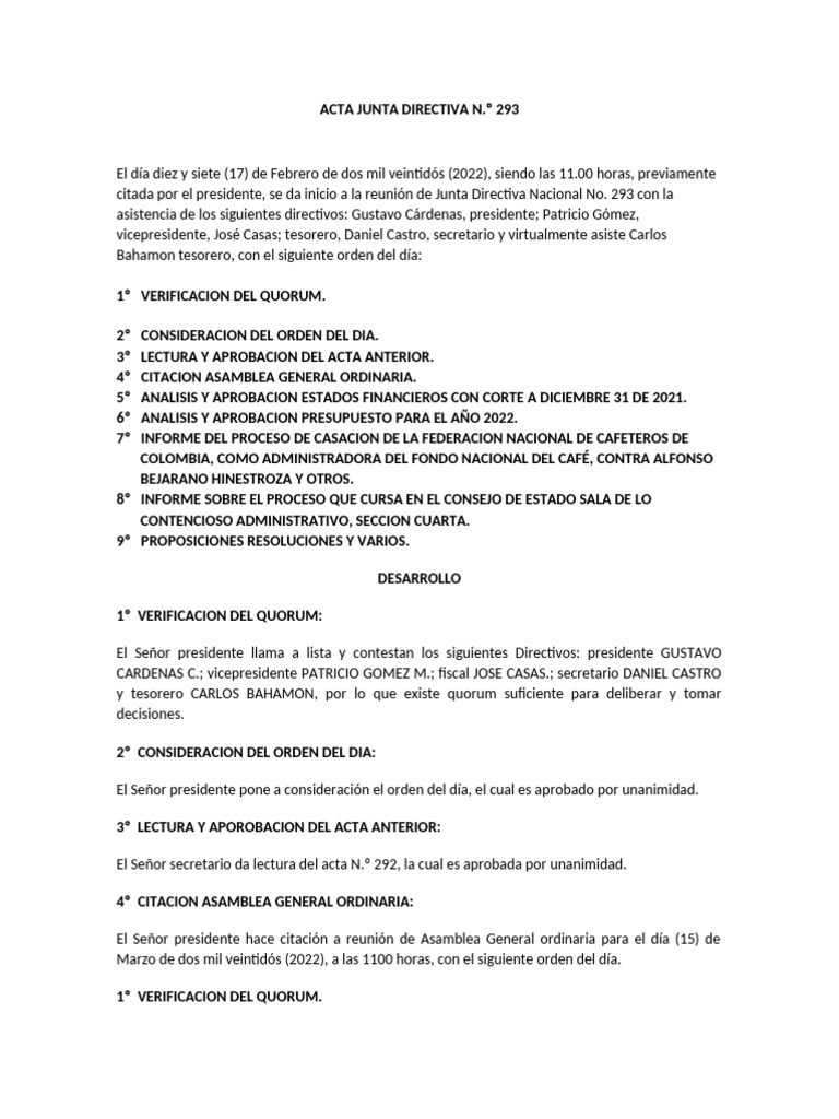 Acta Junta Directiva 293 - Febrero 2022 | PDF | Gobierno | Colombia