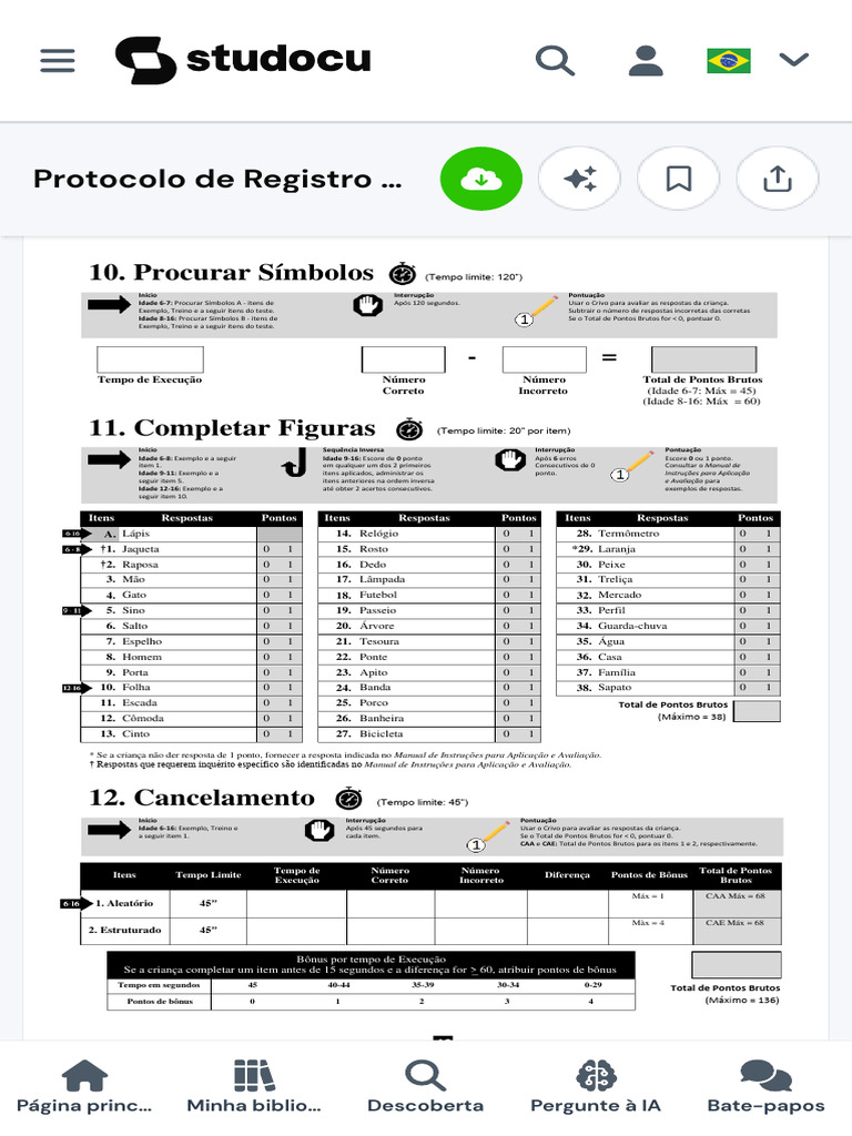 Protocolo de Registro - WISC IV - ESCALA WECHSLER DE INTELIGENCIA PARA ...
