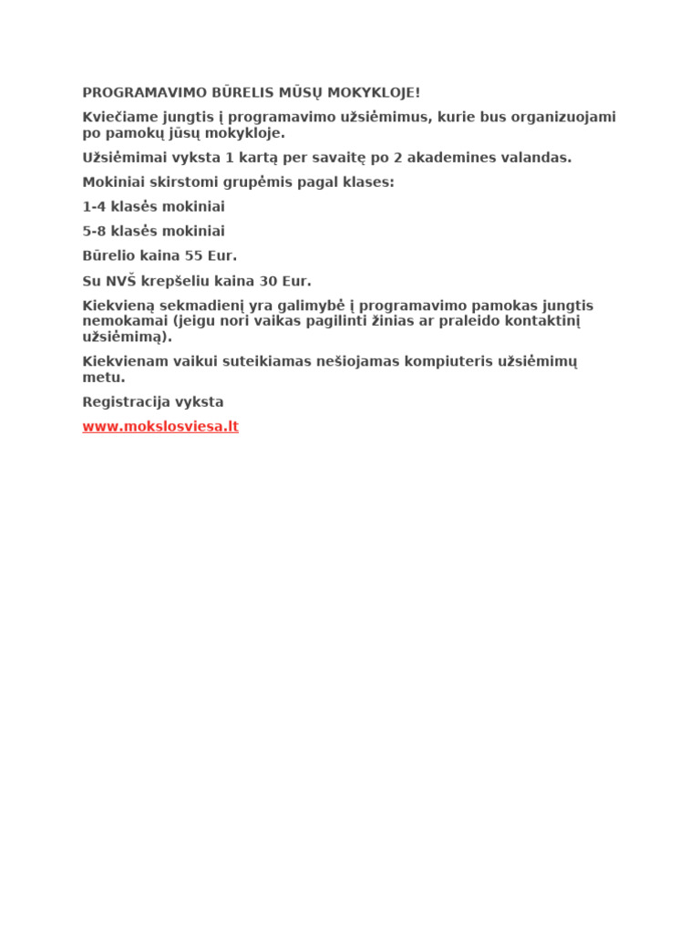 Programavimo Burelis Musu Mokykloje | PDF
