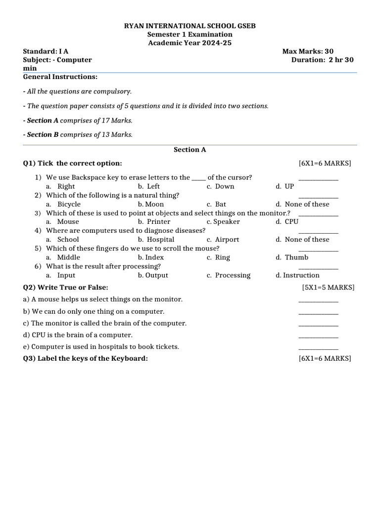 Computer Exam Paper for Grade 1 | PDF | Computer Engineering | Computer ...