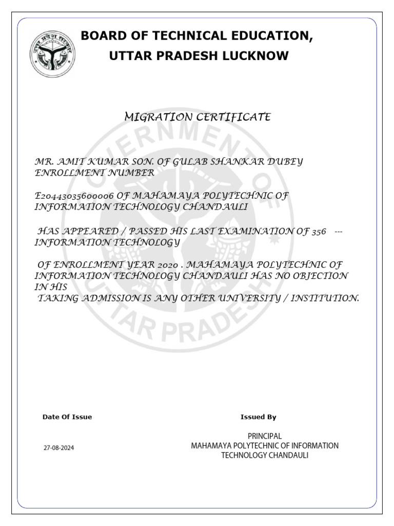 Board of Technical Education, Uttar Pradesh Lucknow: Migration ...