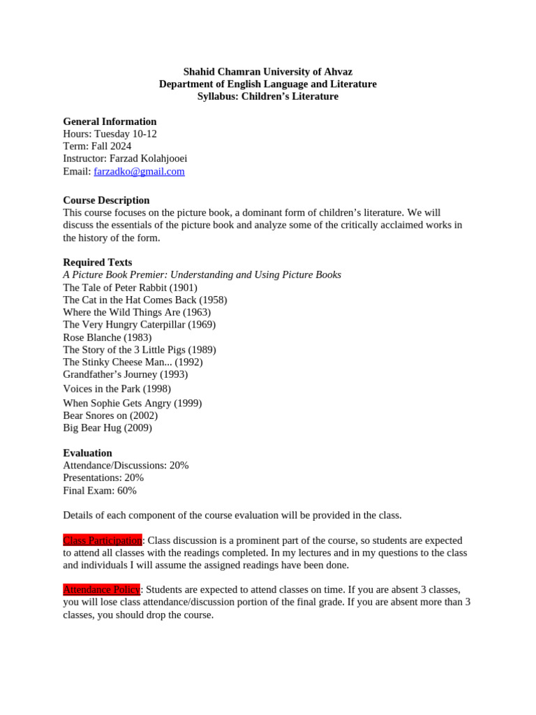 Syllabus For Children's Literature | PDF | Picture Book