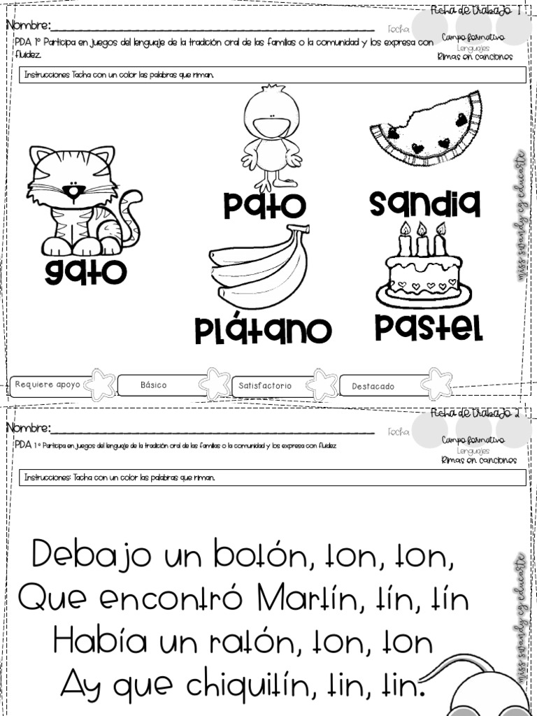 Hojas De Trabajo Preescolares Con Palabras Que Riman