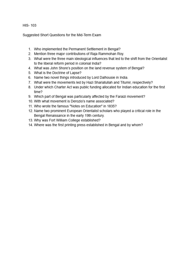 HIS- 103_Sample Short Questions | PDF