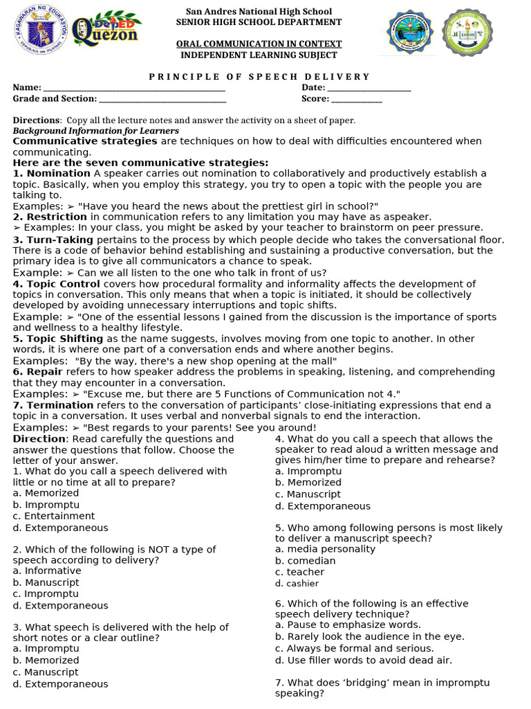 ILS Q2 Principle of Speech Delivery | PDF | Conversation | Public Speaking