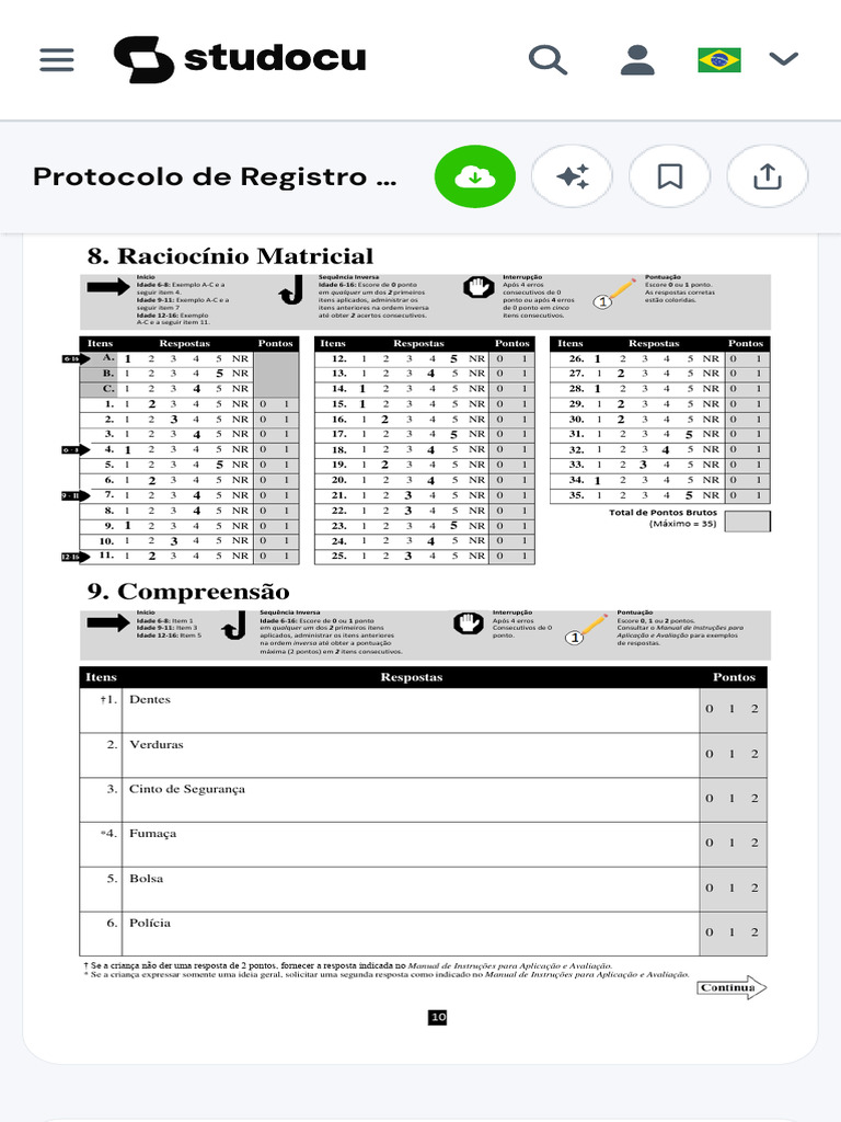 Protocolo de Registro - WISC IV - ESCALA WECHSLER DE INTELIGENCIA PARA ...