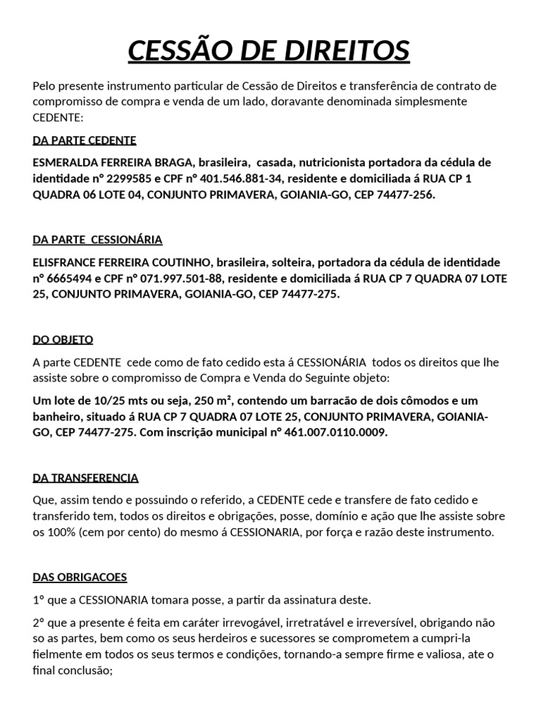 Cessao De Direitos Elisfrance Pdf Direito