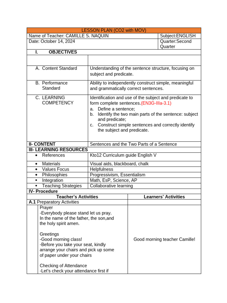 Lesson Plan New Format Camille English | PDF | Subject (Grammar ...