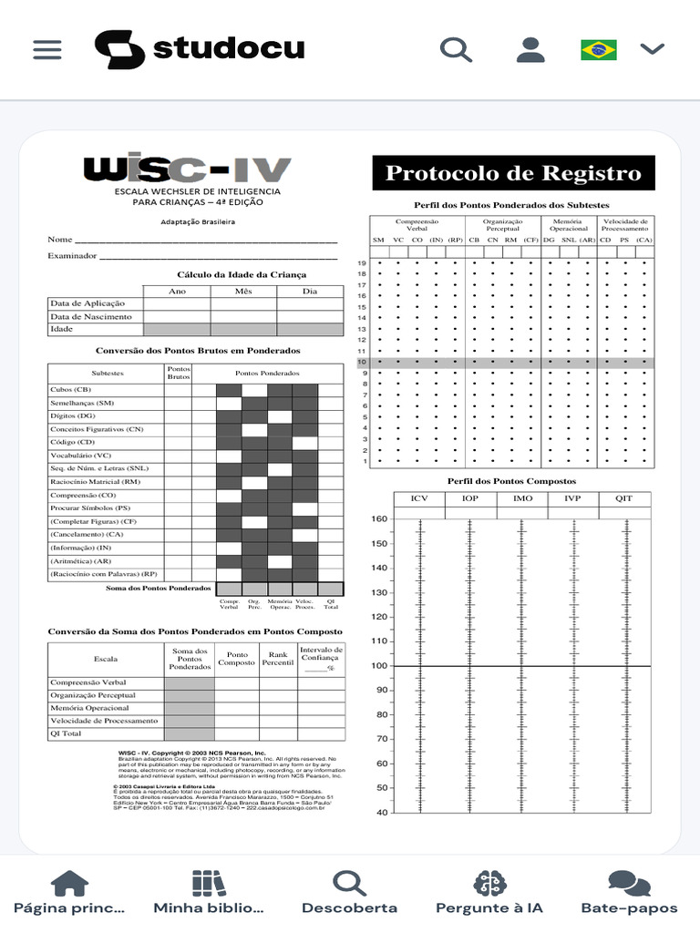 Protocolo de Registro - WISC IV - ESCALA WECHSLER DE INTELIGENCIA PARA ...