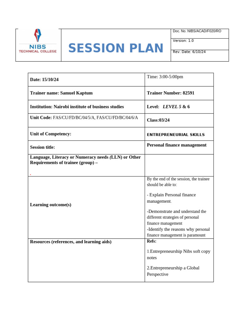 Personal Finance Management Session Plan | PDF | Cognition | Learning