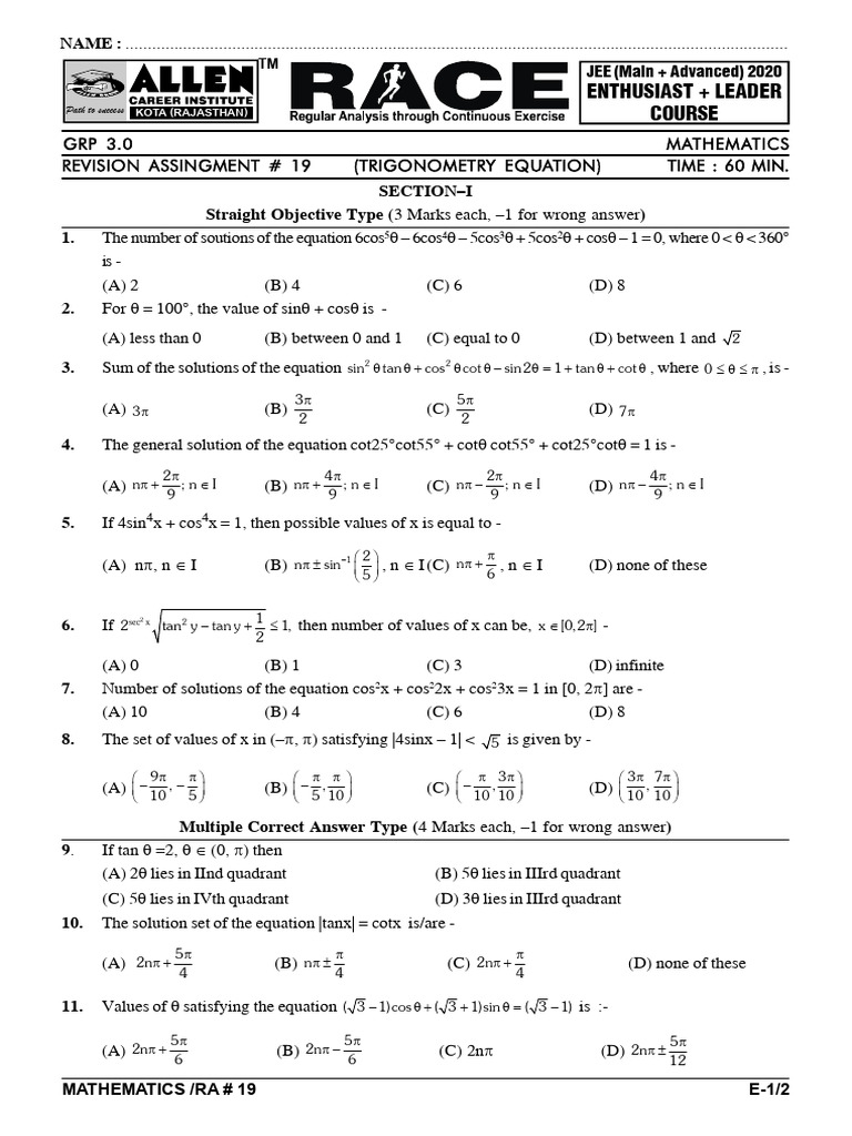 19 RA_(Trigonometry Equation) GRP 3.0_Student copy Eng | PDF | Mathematics