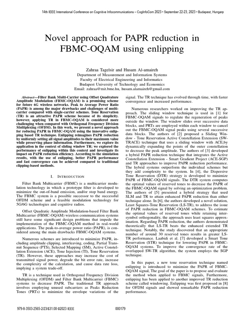 Novel Approach For PAPR Reduction in FBMC-OQAM Using Enlipping | PDF | Orthogonal Frequency ...