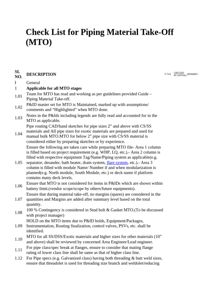 Check List For Piping Material Take Off | PDF | Pipe (Fluid Conveyance) | Valve