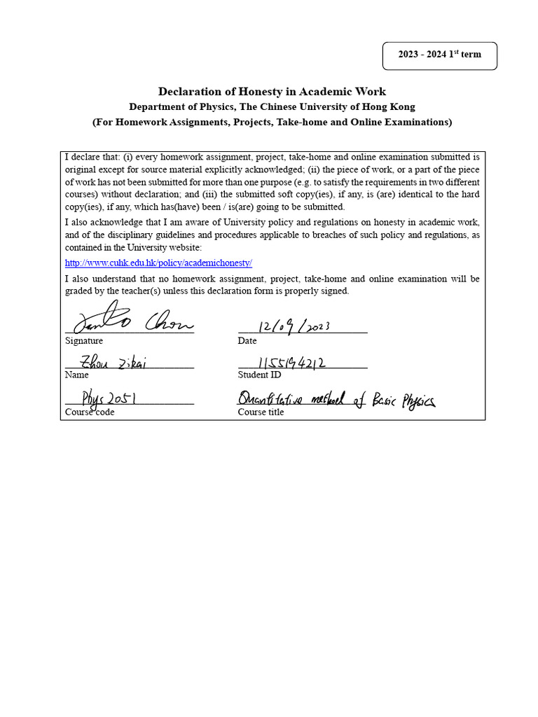 Declaration of Academic Honest | PDF