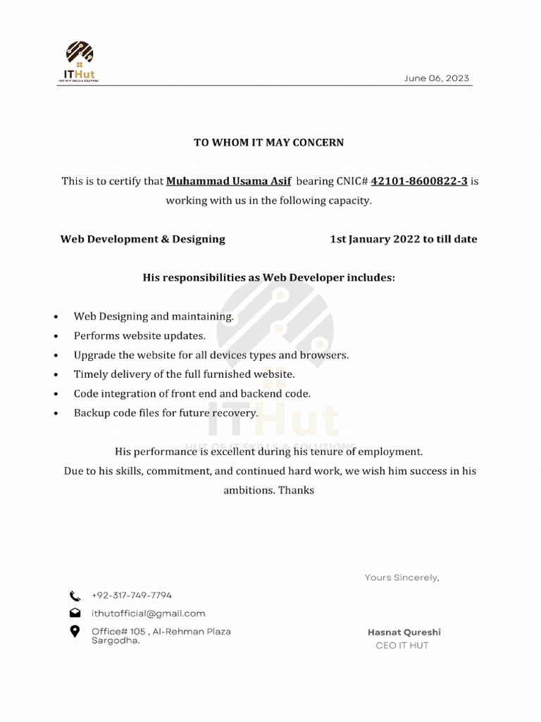 Muhammad Usama Asif Experience Letter-2 | PDF