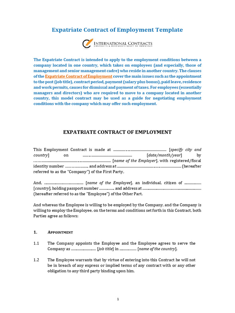 Expatriate Contract of Employment Template | PDF | Salary | Employment