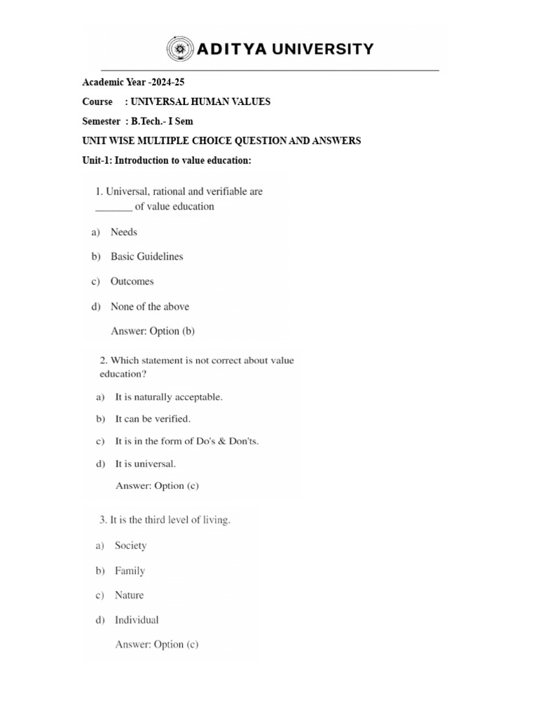 UHV MCQs - Unit 1 & 2 | PDF