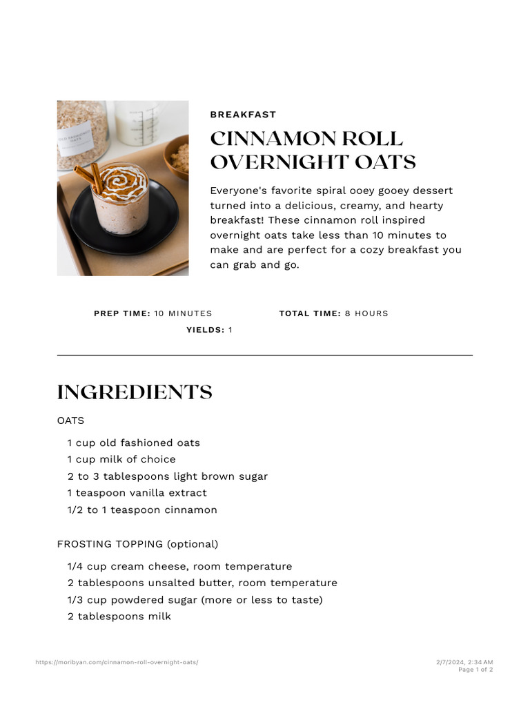 Cinnamon Roll Overnight Oats | PDF | Foods