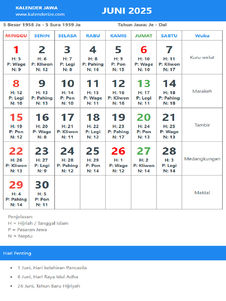 Oidic Kalender Jawa 2025 Juni | PDF