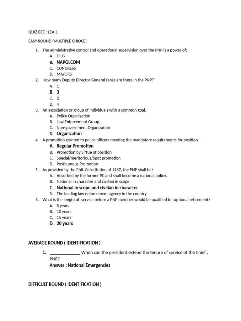 QUIZ BEEE (1st YEAR) | PDF | Police | Crime & Violence