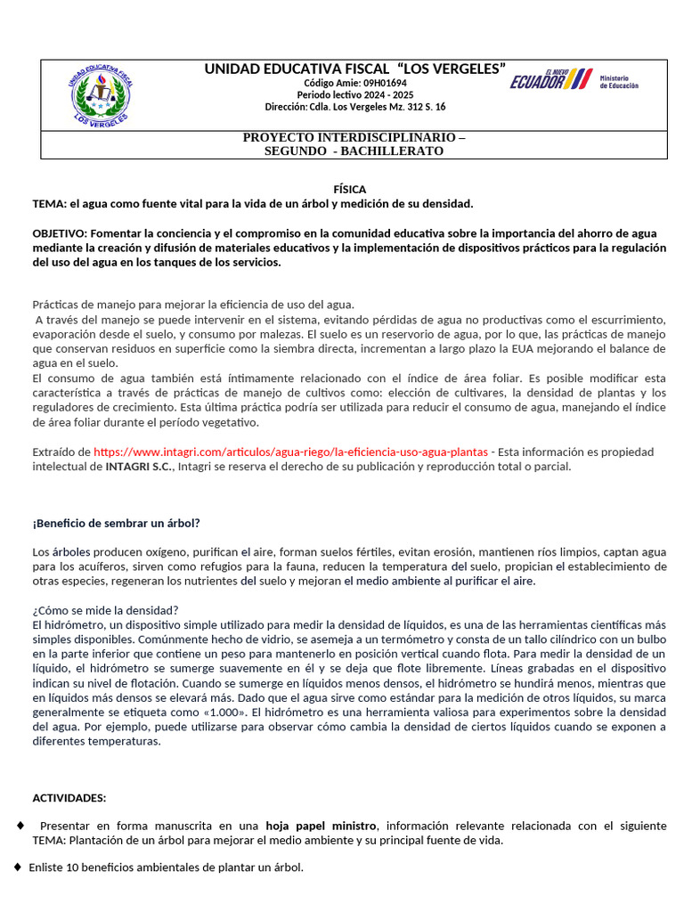 PROYECTO INTERDISCIPLINA SEGUNDO - BGU | PDF | Agua | Suelo