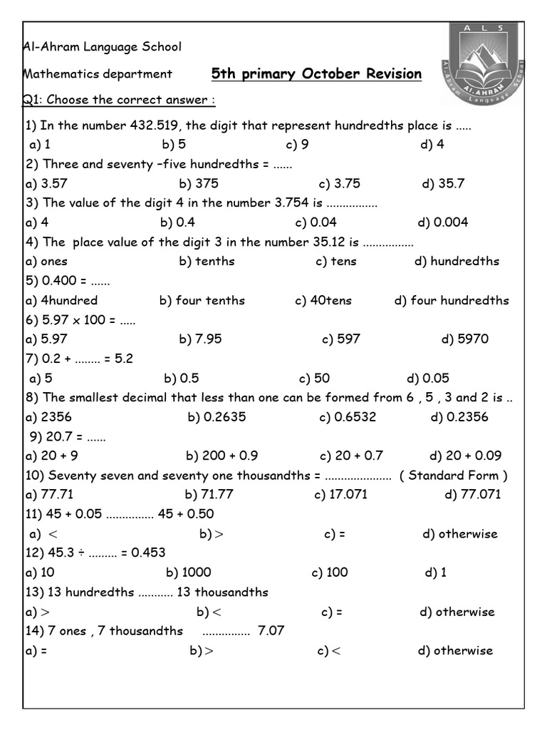 October Revision 2023 5th Prim | PDF | Numbers | Naming Conventions