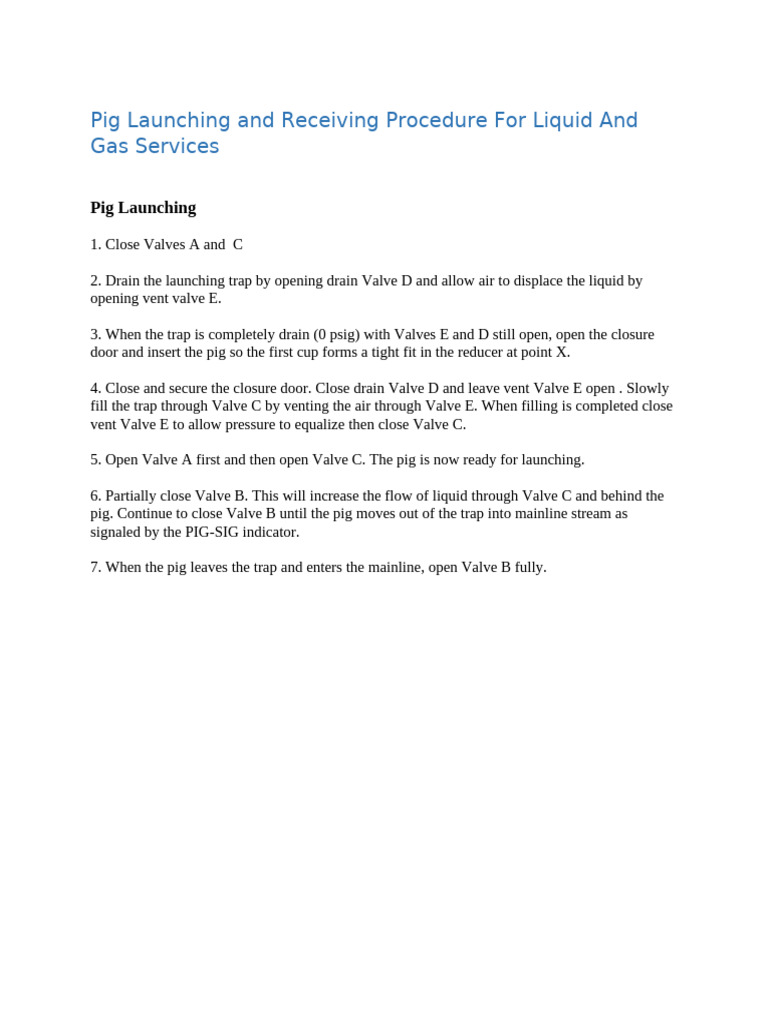 Pig Launching and Receiving Procedure For Liquid and Gas Services | PDF ...