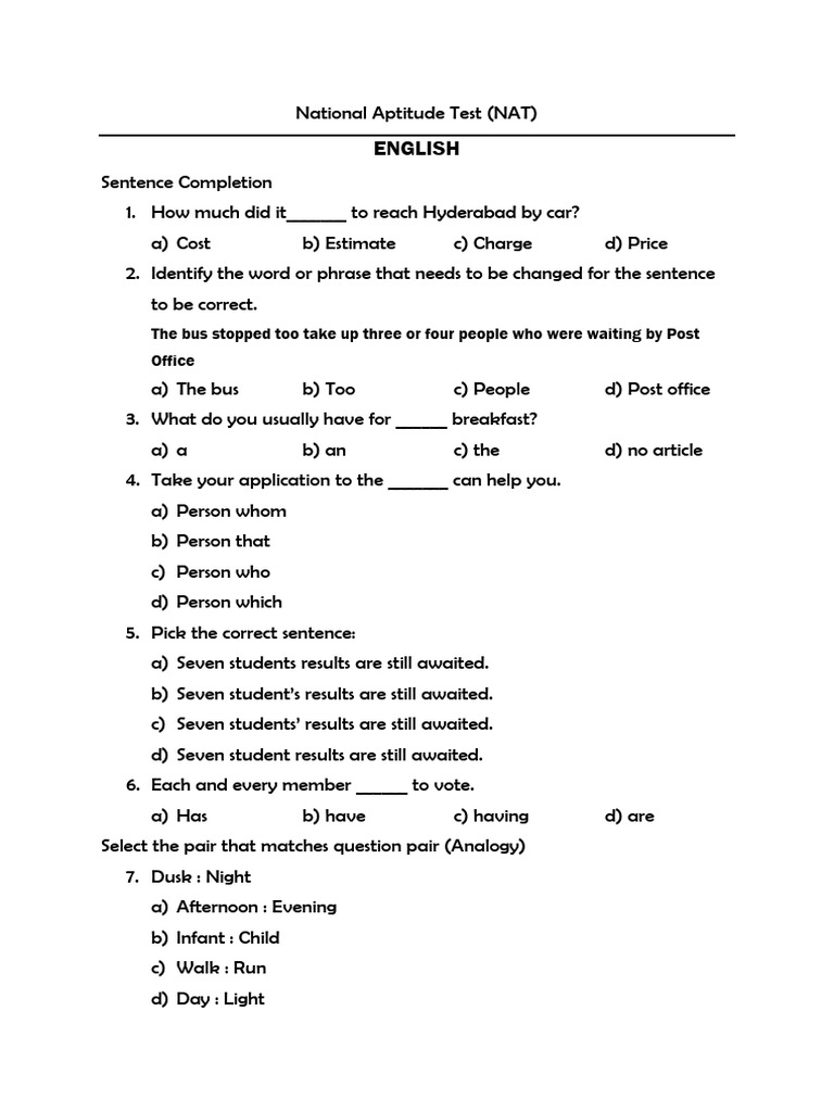 NAT NTS Sample Paper comsats | PDF | Chemical Bond | Force