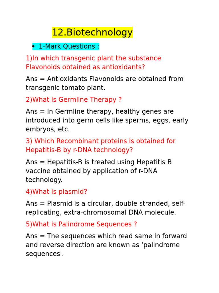 IMP Question of Biotechnology | PDF | Molecular Cloning | Recombinant Dna
