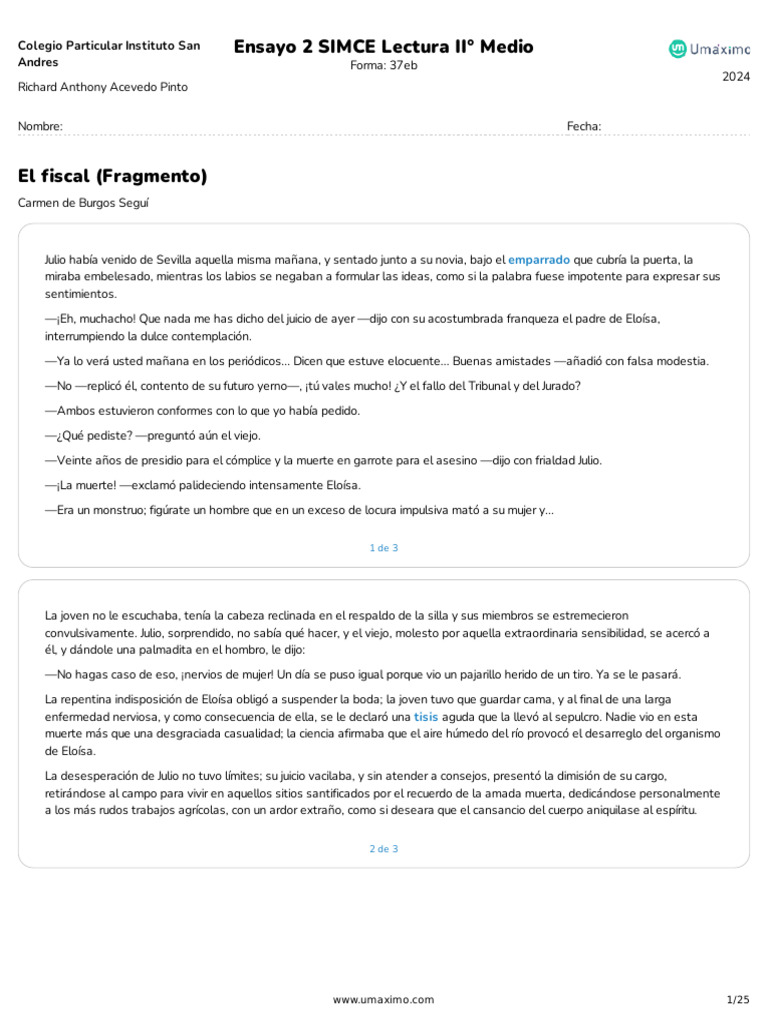 Ensayo 2 SIMCE Lectura II° Medio (Instrumento) - Umáximo | PDF | Odontología | Temor