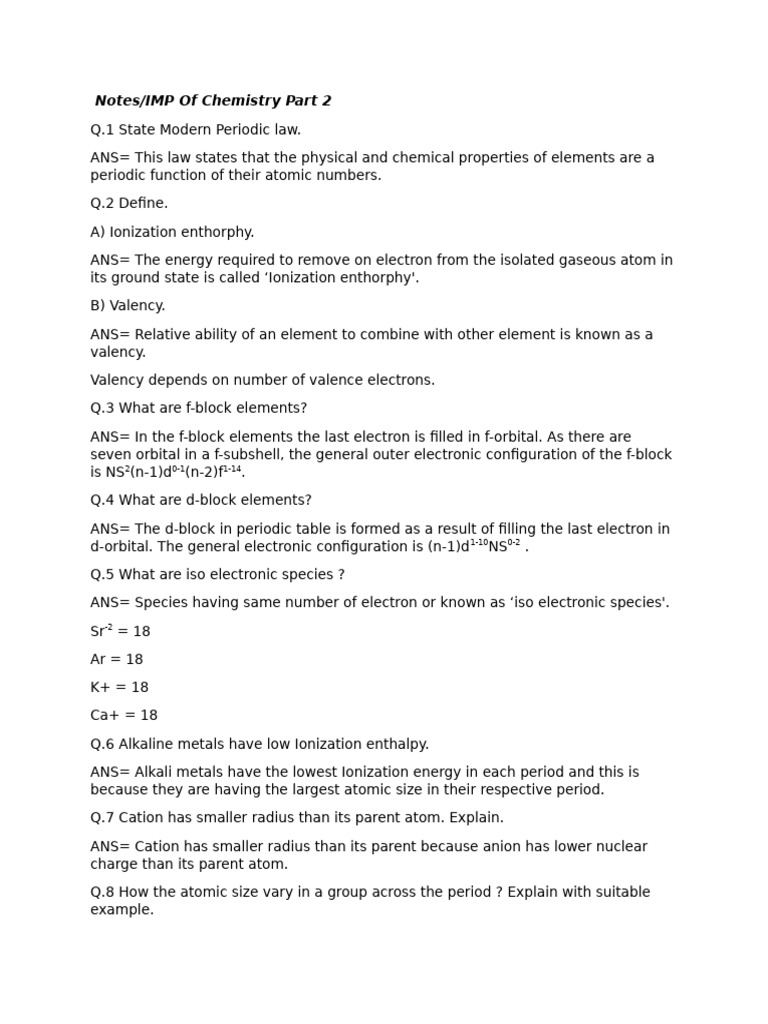 Document (4).Notes of Chemistry Part 2 | PDF | Ion | Periodic Table