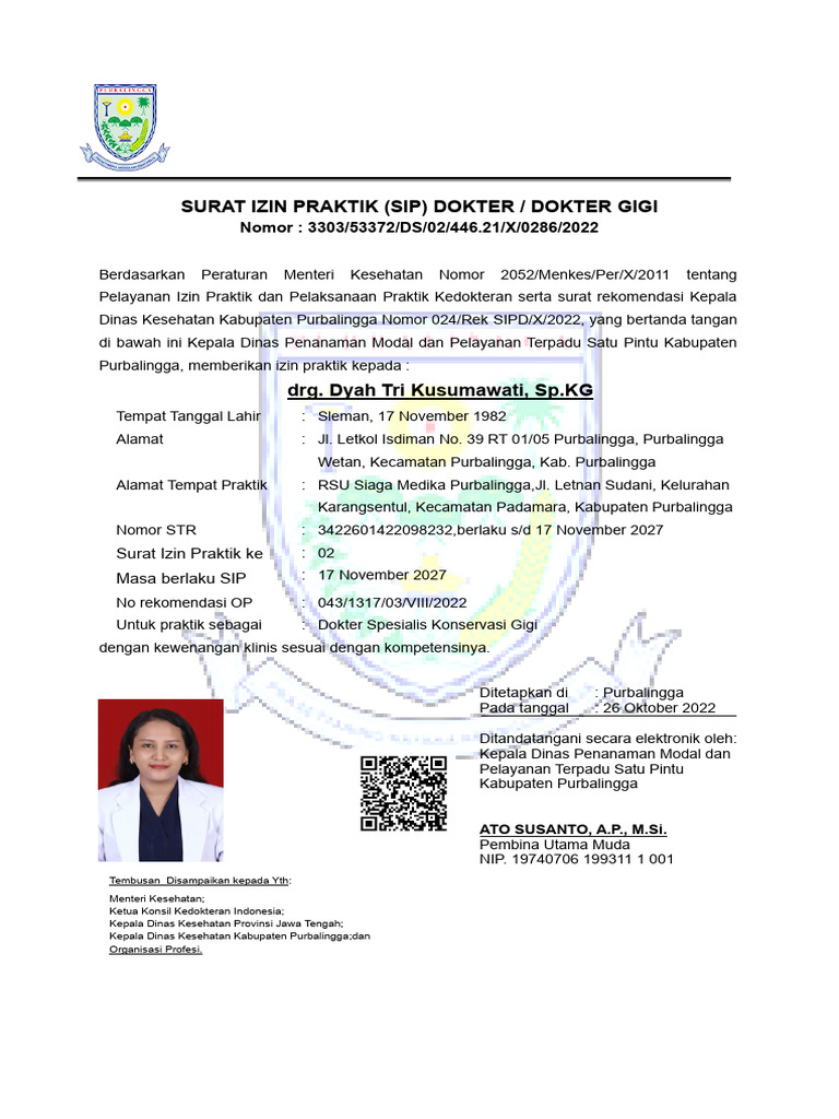 Izin Praktik drg. Dyah Tri Kusumawati | PDF
