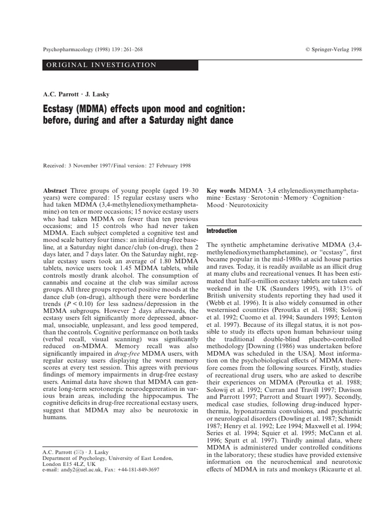 Ecstasy (MDMA) Effects Upon Mood and Cognition - Parrott1998 | PDF ...
