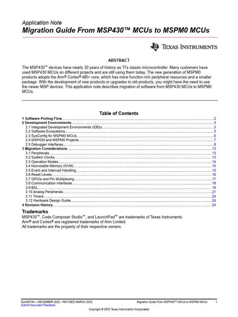 Migration Guide From MSP430™ MCUs To MSPM0 MCUs | PDF | Microcontroller | Flash Memory