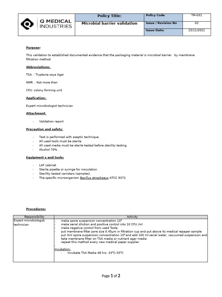 Microbial Barrier Validation Procedure | PDF | Sterilization ...