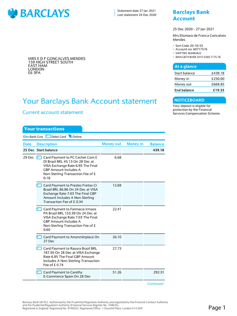 Statement 27-JAN-21 AC 60717576 | PDF | Overdraft | Debit Card