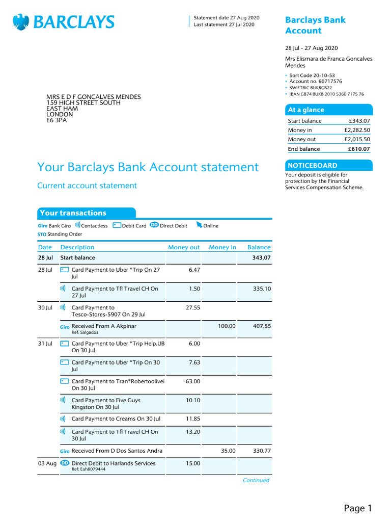 Statement 27-AUG-20 AC 60717576 | PDF | Overdraft | Debit Card