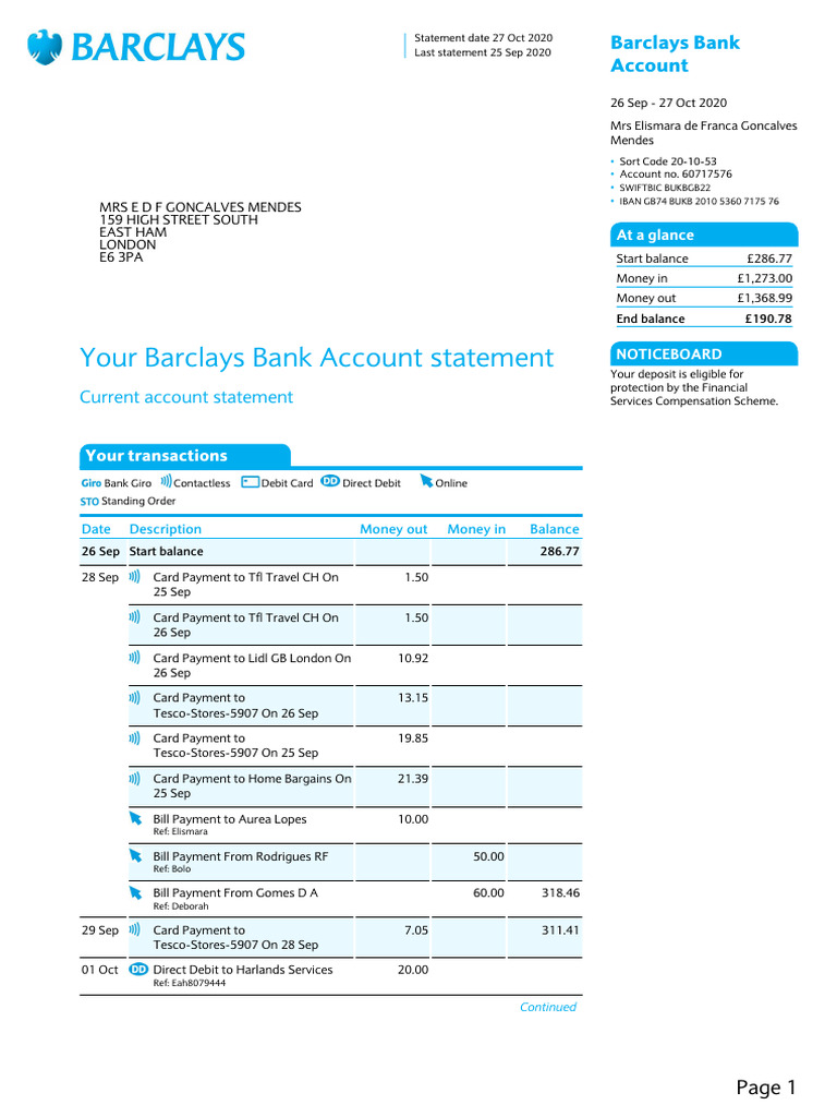 Statement 27-OCT-20 AC 60717576 | PDF | Overdraft | Banking Technology
