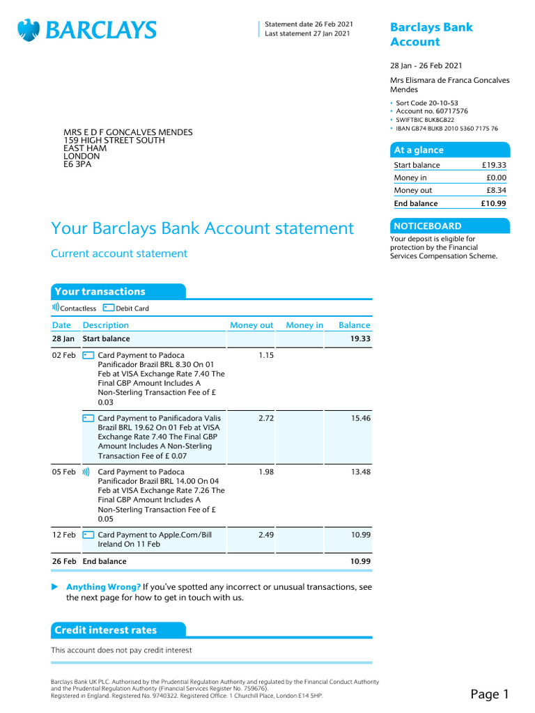 Statement 26-FEB-21 AC 60717576 | PDF | Overdraft | Debit Card
