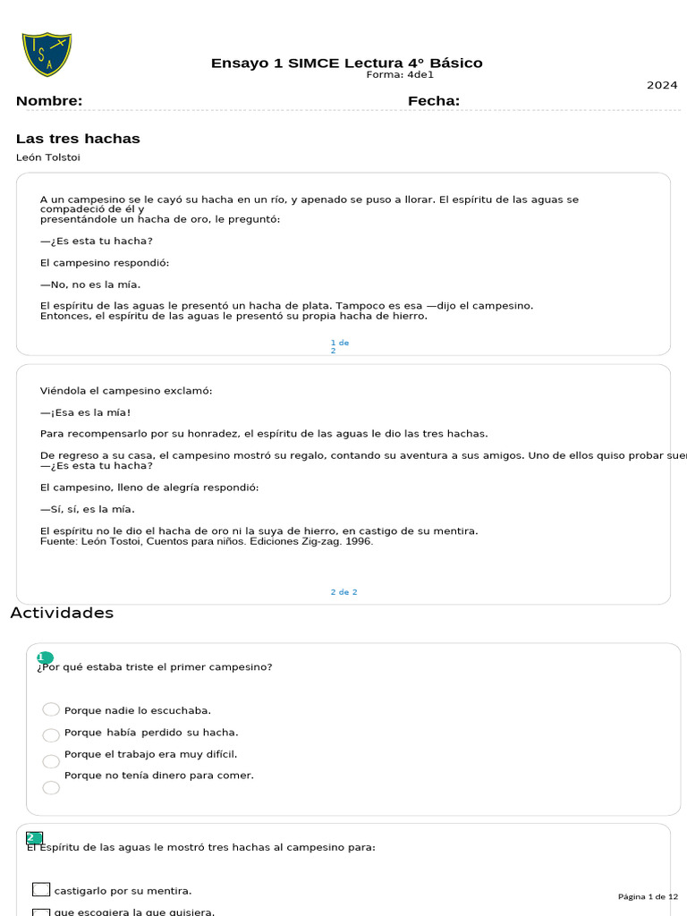 Ensayo 1 Simce Lectura 4 Basico Umaximo | PDF | Aves | Insectos