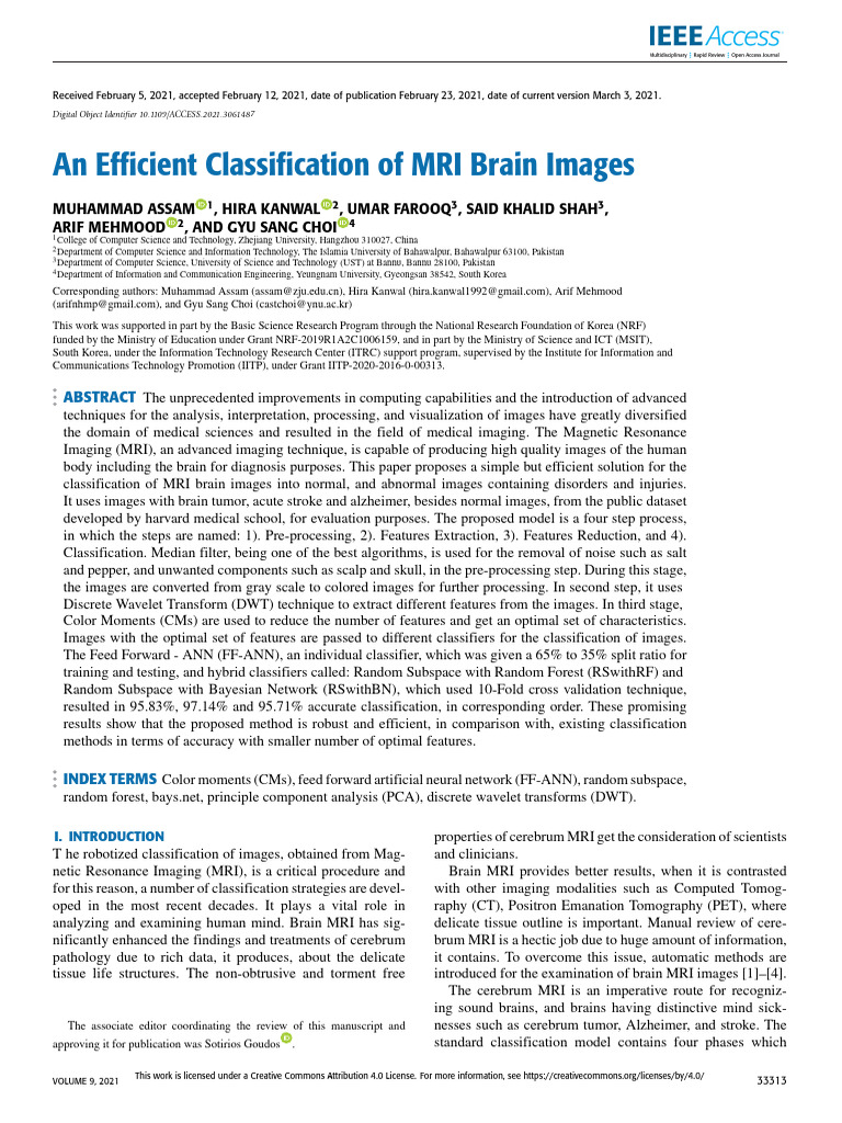An Efficient Classification of MRI Brain Images | PDF | Wavelet | Statistical Classification