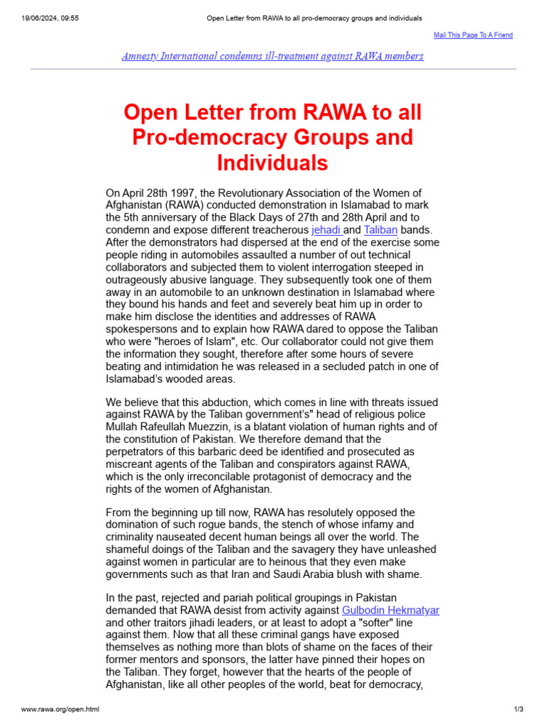 Open Letter From RAWA To All Pro-Democracy Groups and Individuals | PDF ...