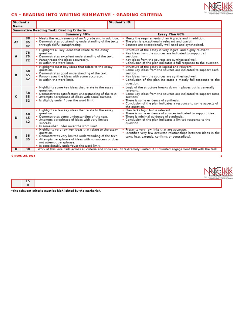 Reading Into Writing Grading and Feedback Sheet | PDF | Essays ...