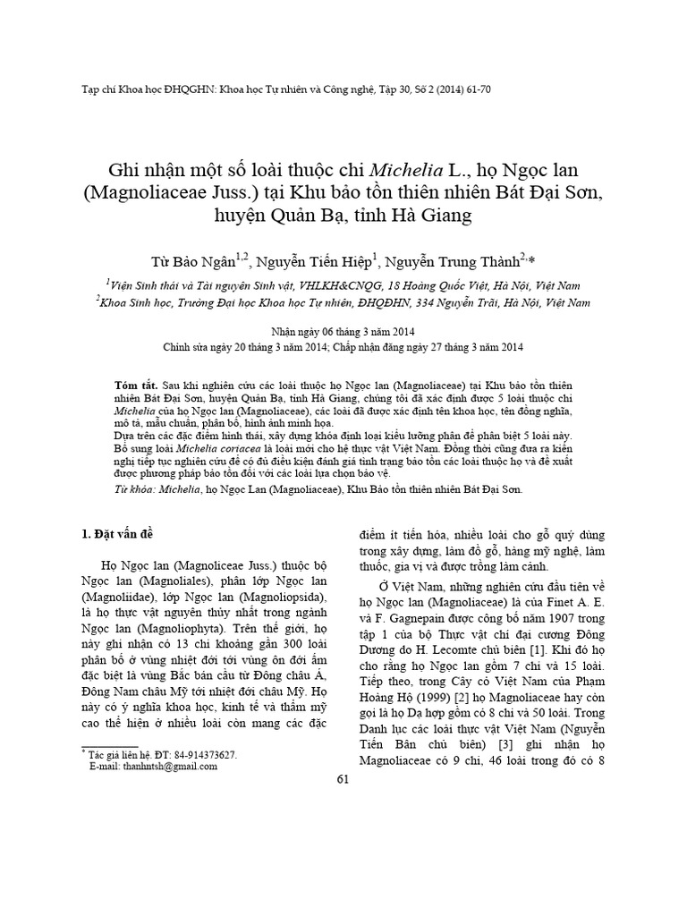 Ghi NH NM Ts Loài Thu C Chi L., H NG C Lan (Magnoliaceae Juss.) T Ikhub Ot N Thiên Nhiên Bát Is ...
