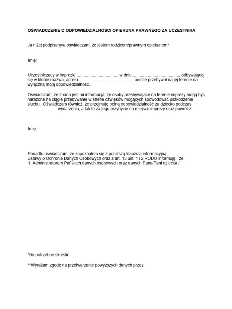 Oå Wiadczenie o Odpowiedzialnoå Ci Opiekuna Prawnego Za Uczestnika Imprezy | PDF