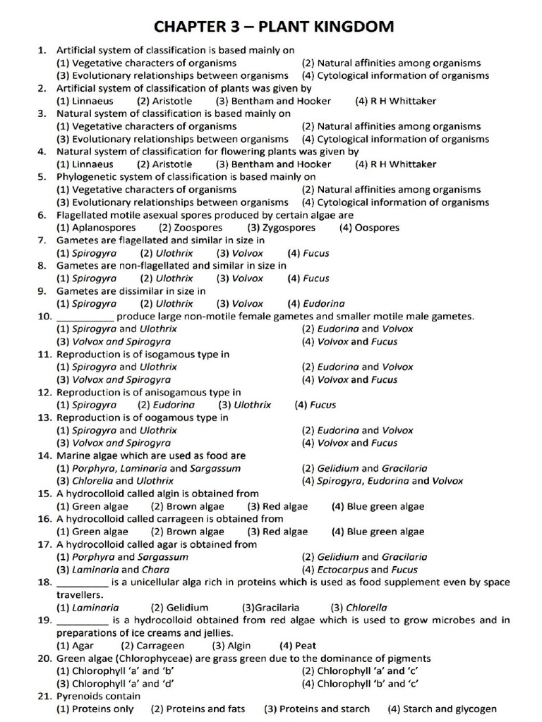 I PU Bio Chapter 3 MCQs | PDF | Moss | Organisms